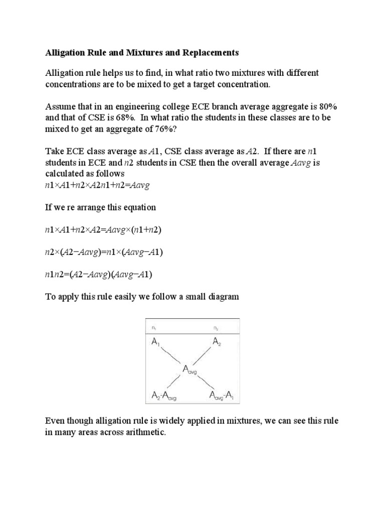 Alligation Rule and Mixtures and Replacements: n1×A1+n2×A2n1+n2 Aavg ...