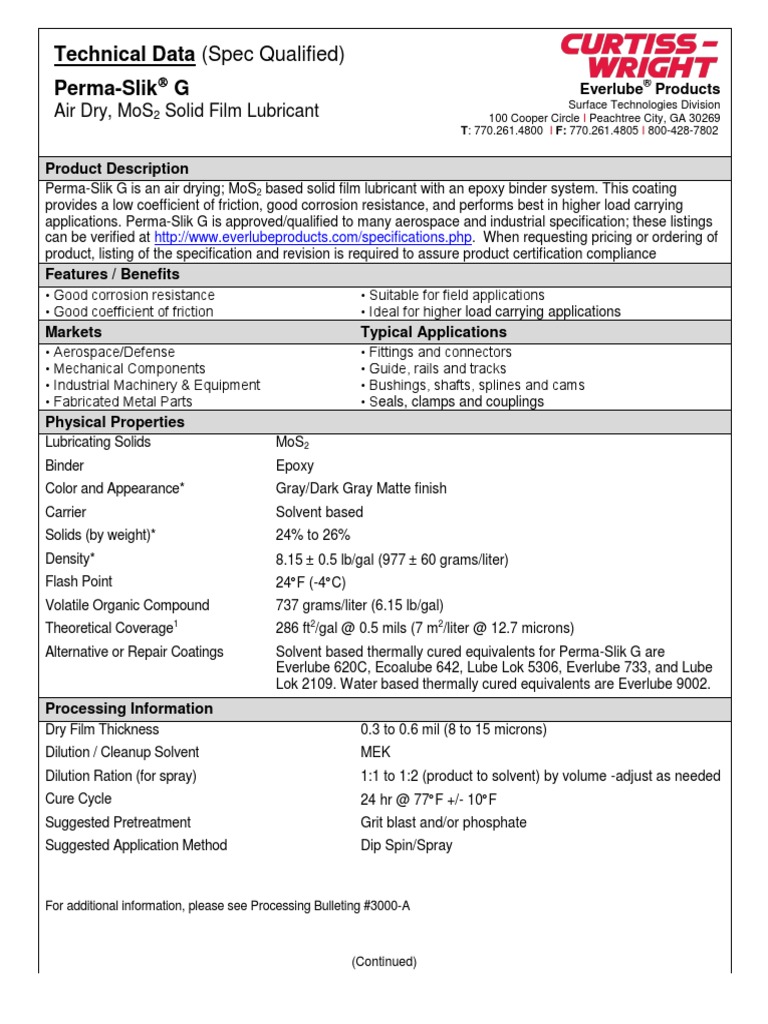 Technical Data (Spec Qualified) Perma-Slik G: Air Dry, Mos Solid Film Lubricant | PDF ...