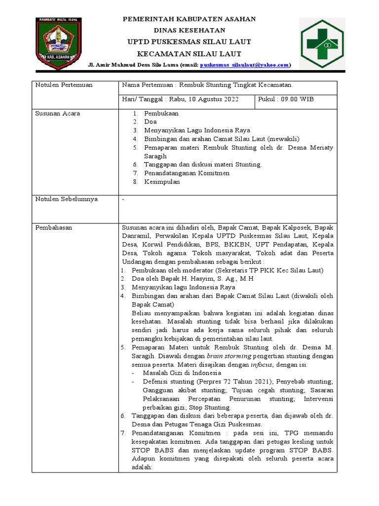 Notulensi Rambuk Stunting 10 Agustus 2022 | PDF Notulensi Rambuk Stunting 10 Agustus 2022 | PDF