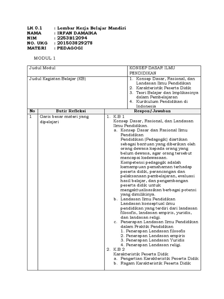 LK 0.1 Lembar Kerja Belajar Mandiri PEDAGOGI DAN PROFESIONAL - IRFAN DAMAIKA | PDF | Karier ...