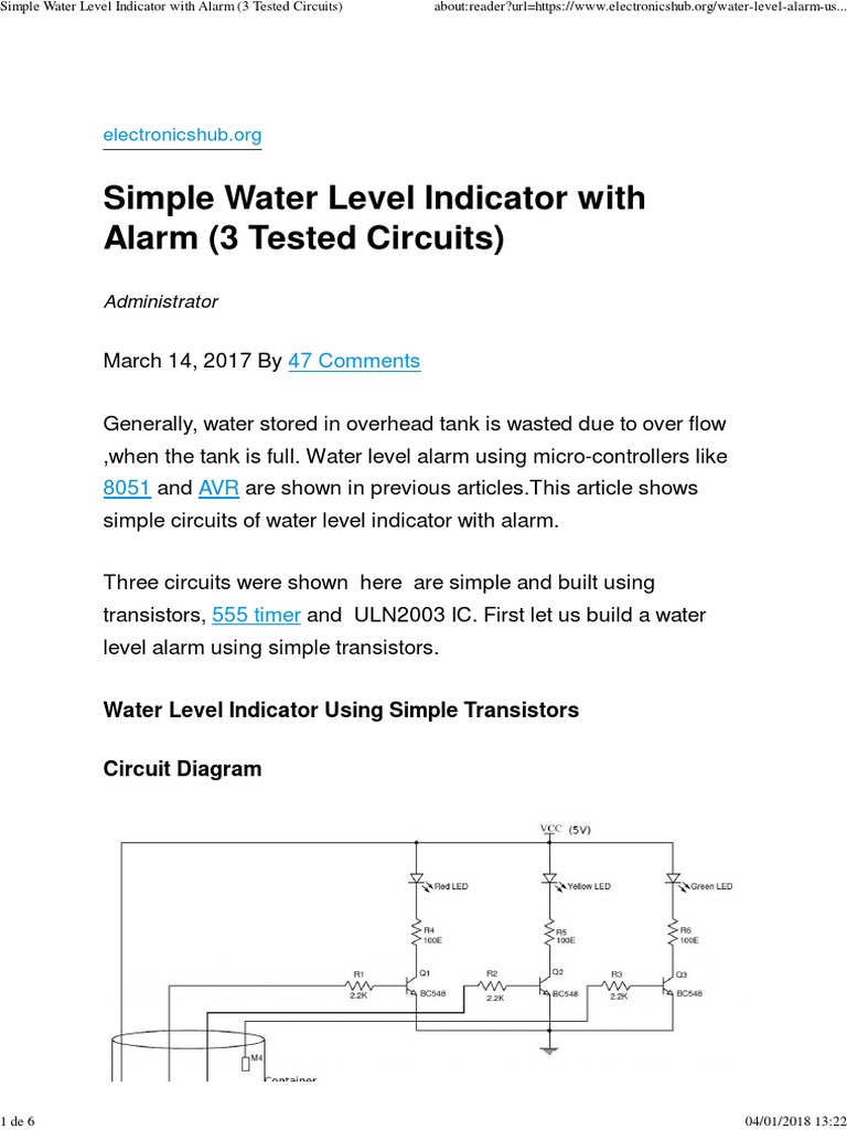 Simple Water Level Indicator With Alarm (3 Tested Circuits) | PDF ...