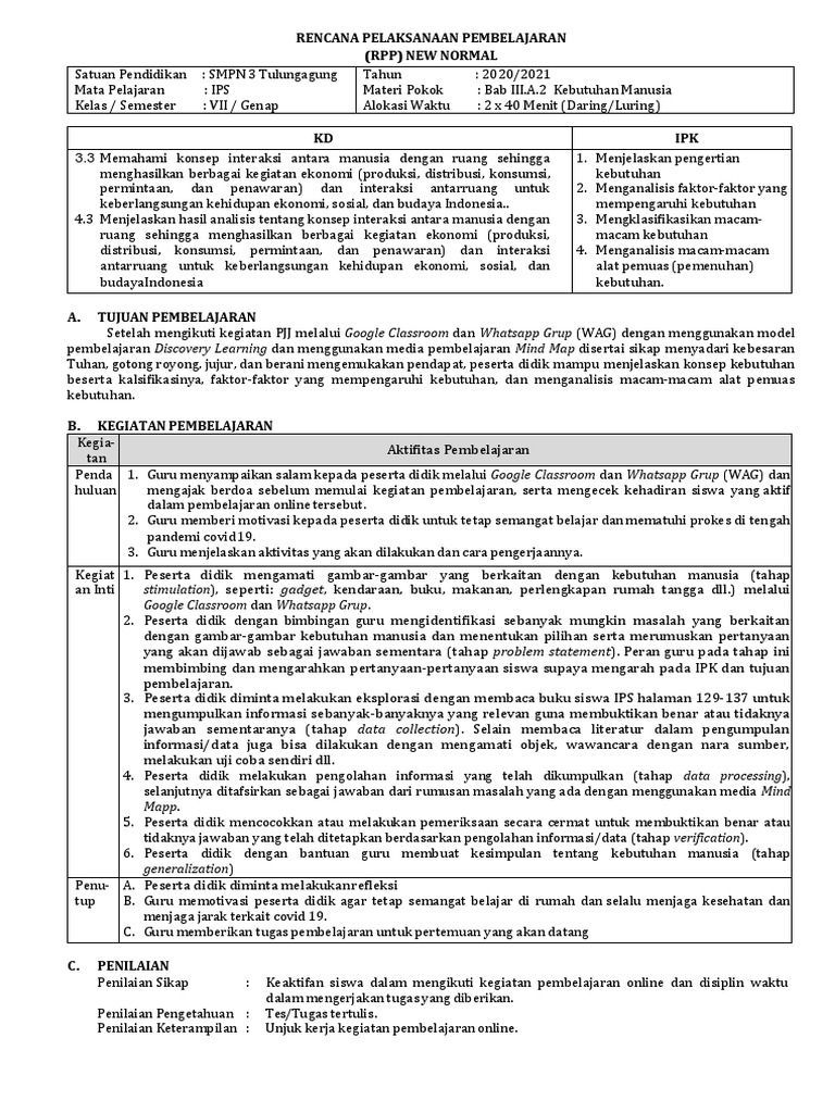 Rencana Pelaksanaan Pembelajaran (RPP) New Normal | PDF | Ilmu Sosial