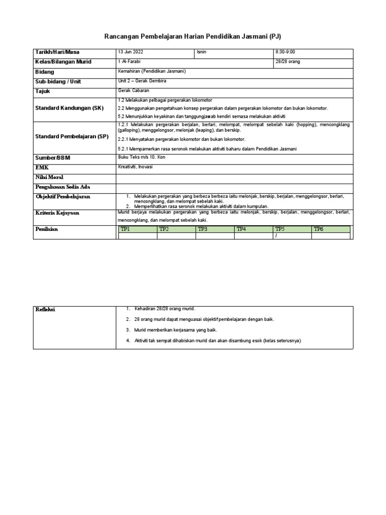 RPH Pendidikan Jasmani Tahun 1 | PDF