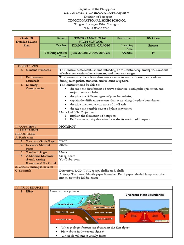 Detailed Lesson Plan in Hot Spots | PDF | Volcano | Structure Of The Earth