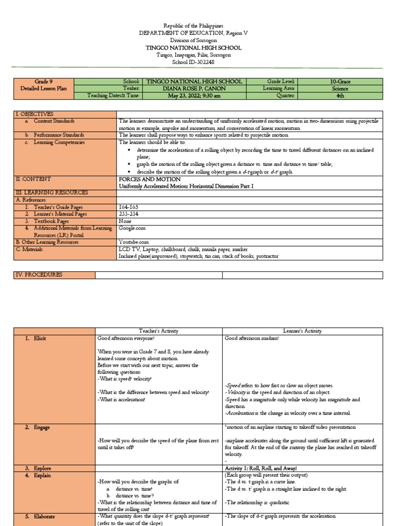 Detailed Lesson Plan in Uniformly Accelerated Motion | PDF | Velocity ...