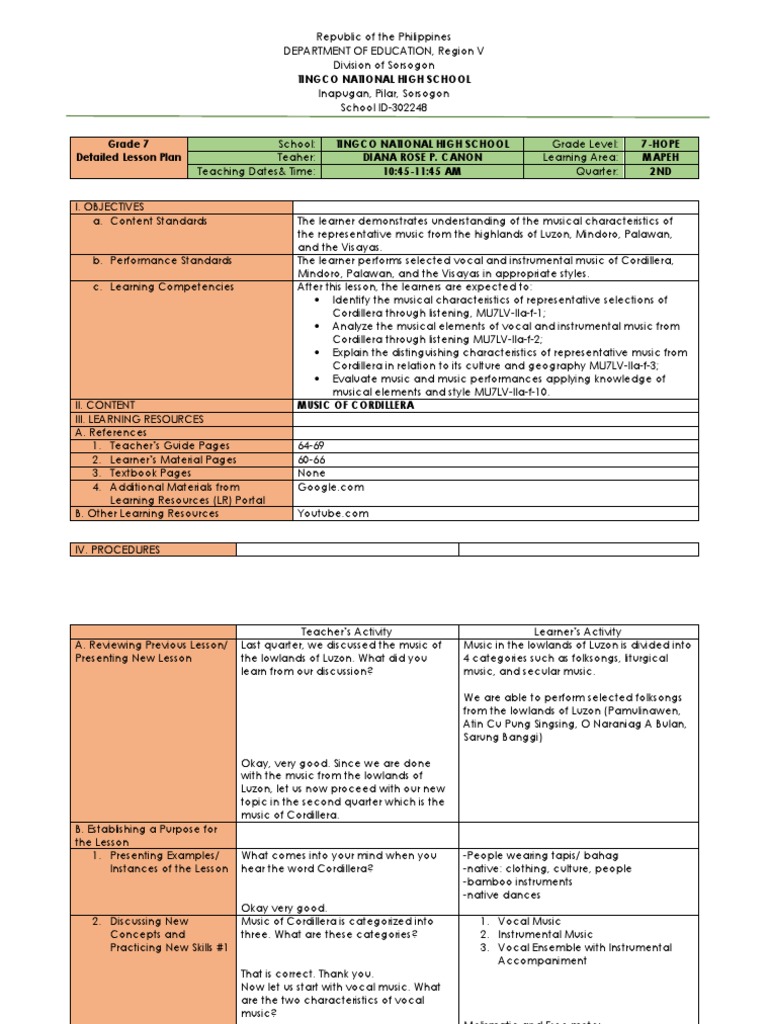 Detailed Lesson Plan in Music of Cordillera | PDF | Teachers | Learning