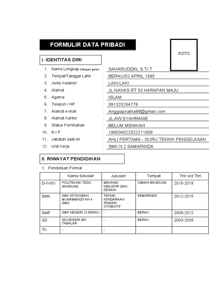 Form Daftar Riwayat Hidup | PDF