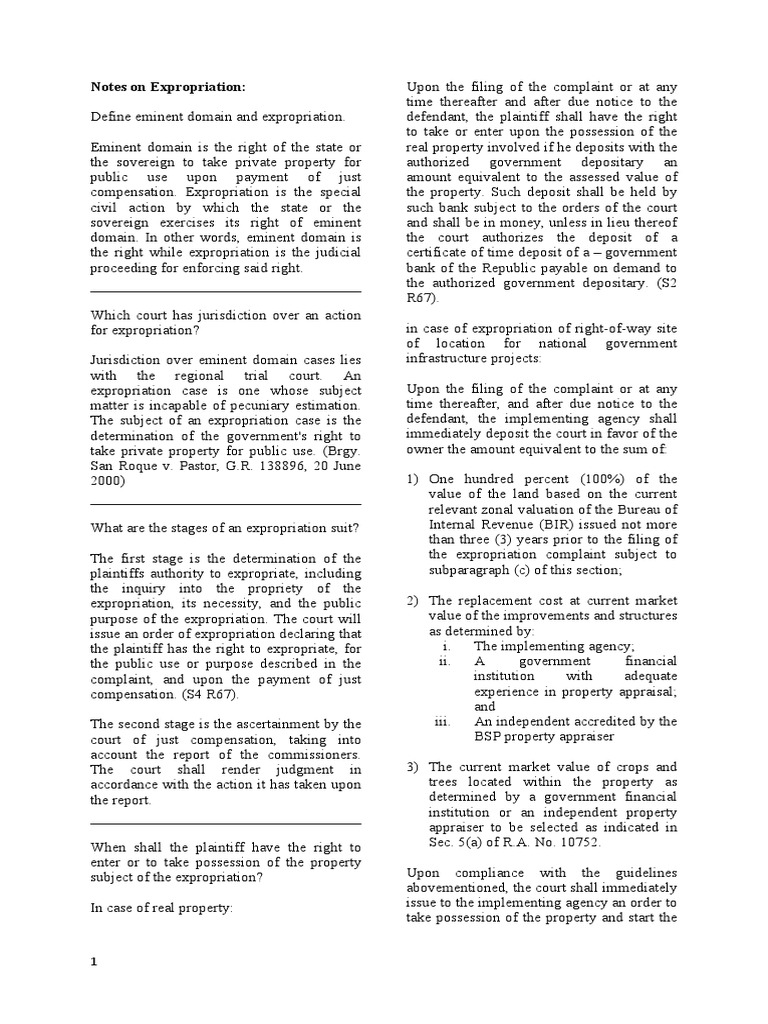 Notes On Expropriation | PDF | Eminent Domain | Lawsuit