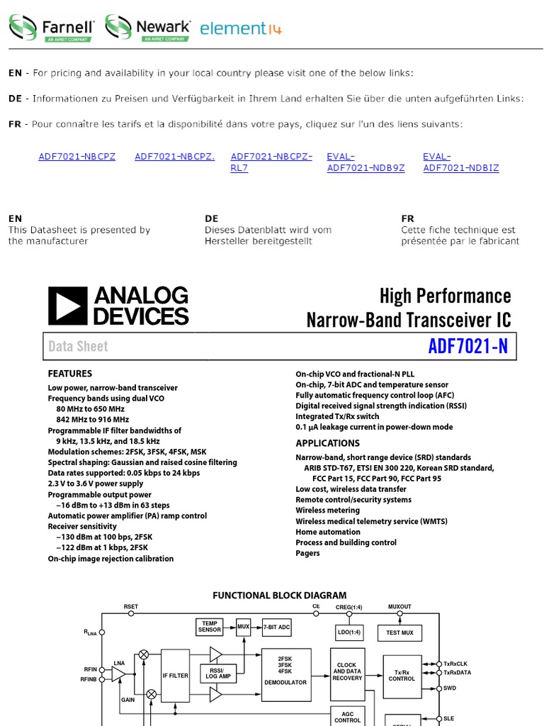 ADF7021-NBCPZ ADF7021-NBCPZ. ADF7021-NBCPZ-RL7 Eval - ADF7021-NDB9Z ...