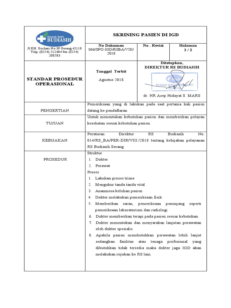 Prosedur Skrining Pasien IGD RS Budiasih | PDF