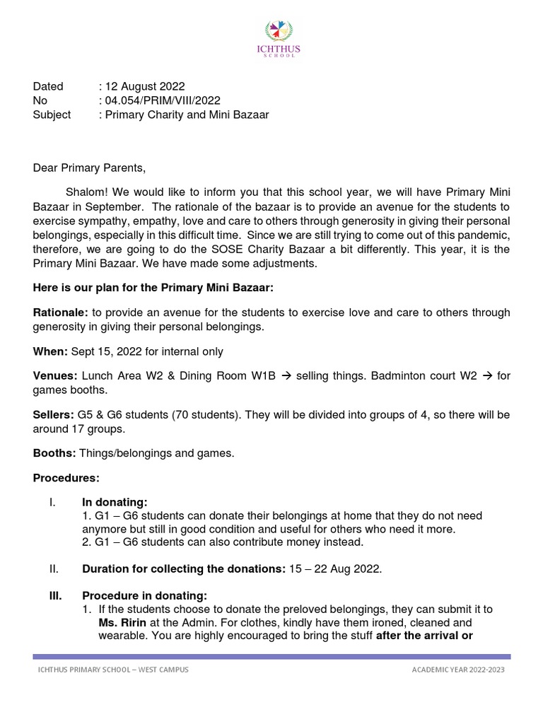 Primary Charity and Mini Bazaar Letter | PDF