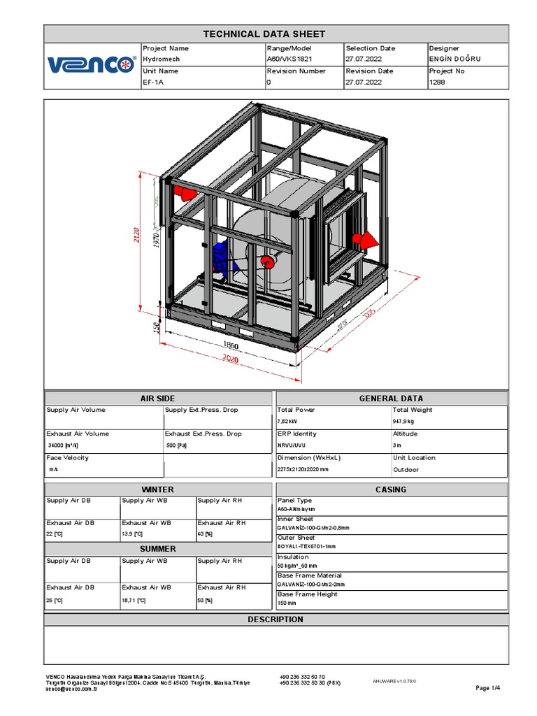 Technical Data Sheet for AHU Model A60/VKS1821 | PDF | Belt (Mechanical ...