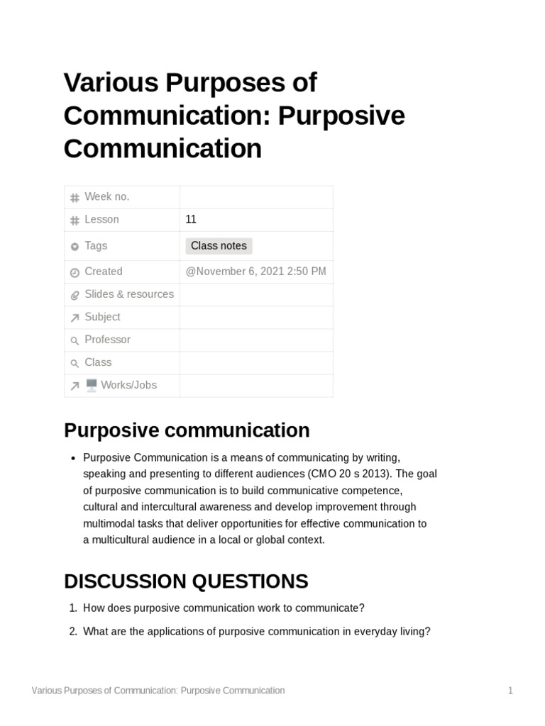 Various Purposes of Communication: Purposive Communication | PDF ...