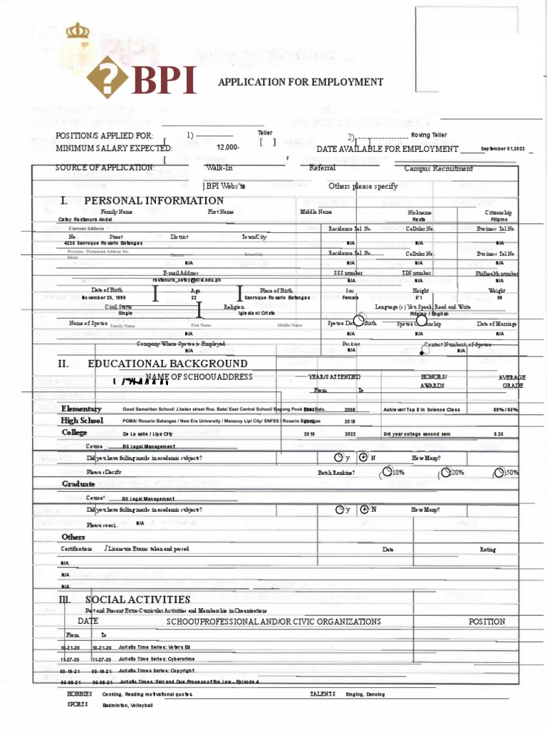 Bpi Application Form | PDF