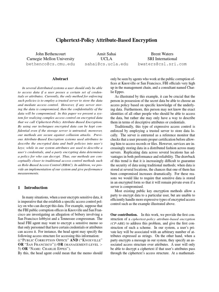 Ciphertext-Policy Attribute-Based Encryption | PDF | Key (Cryptography) | Public Key Cryptography