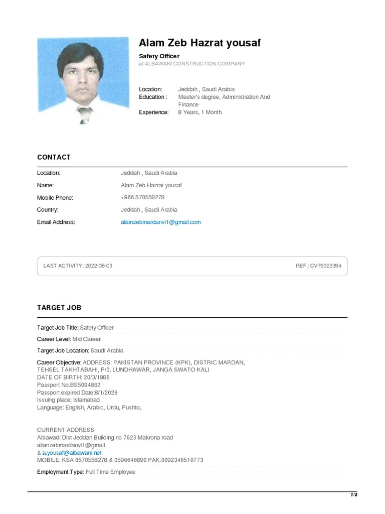 Cv-Alam Zeb-Hazrat Yousaf - Safety-Officer | PDF | Safety