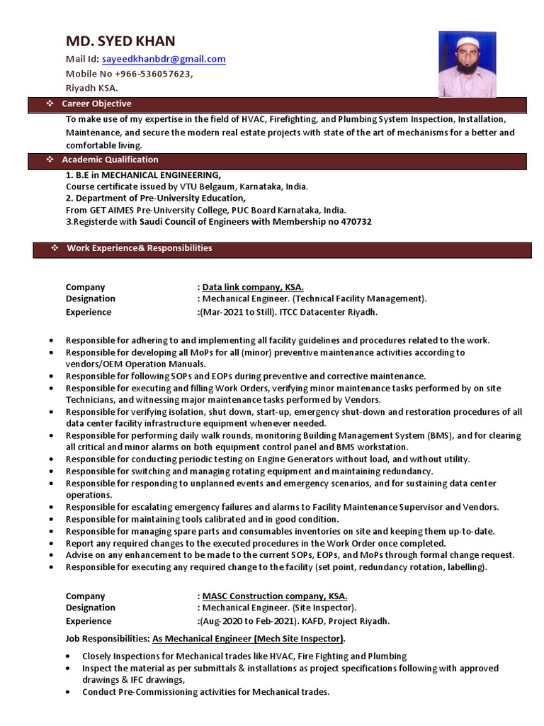 MD Syed Khan-Mech Engg, CV | PDF | Duct (Flow) | Fire Sprinkler System