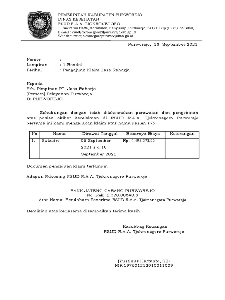 Surat Pengajuan Klaim Jasa Raharja | PDF