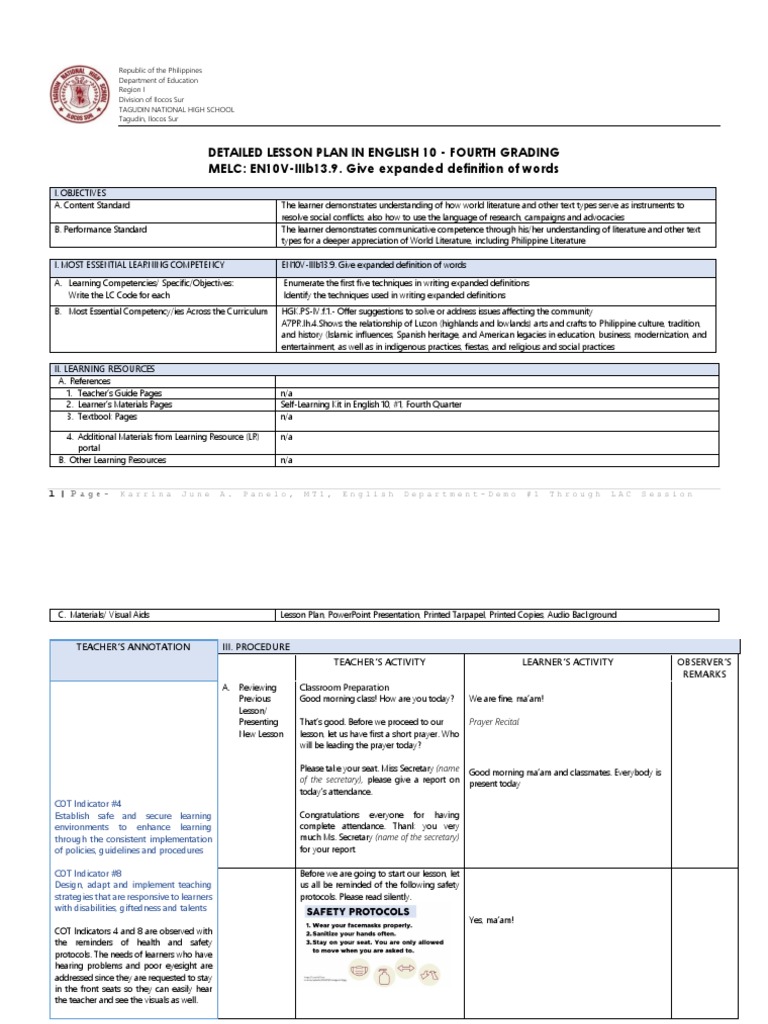 Sample Lesson Plan With Annotation For COT Indicators | PDF | Learning ...