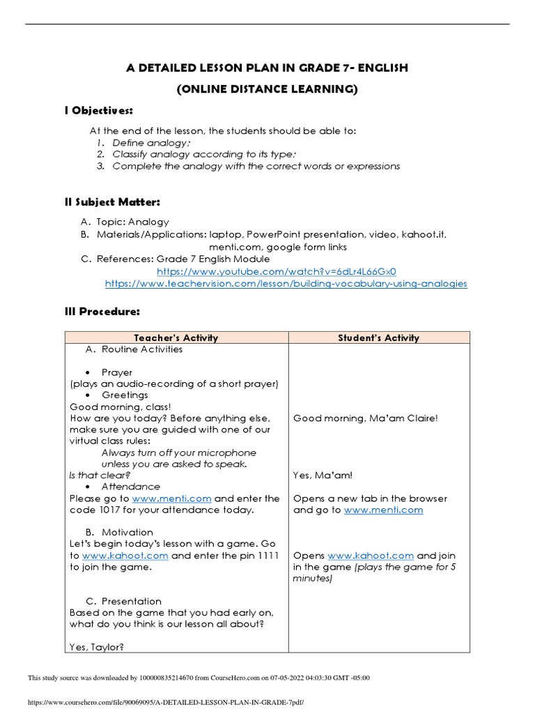Grade 7 English Lesson Plan on Analogies | PDF | Lesson Plan | Analogy