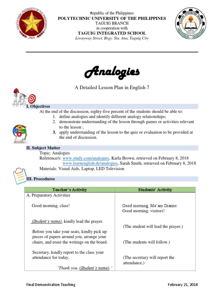 Analogies: A Detailed Lesson Plan in English 7 | PDF | Analogy