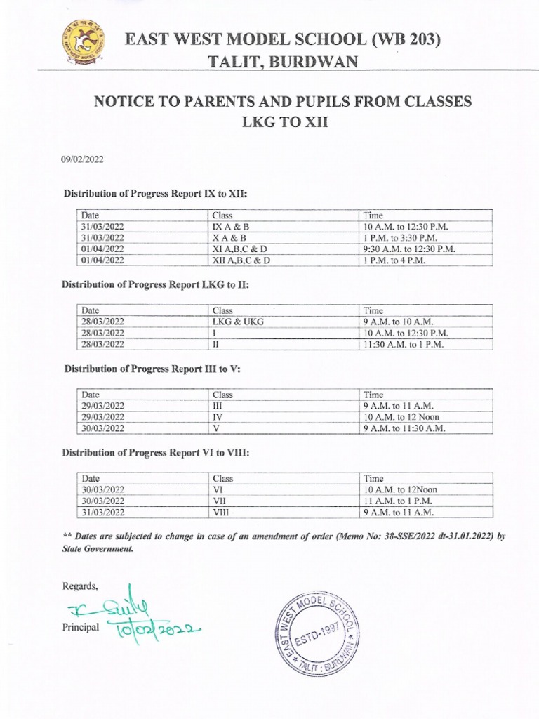 Report Card Distribution Notice LKG To Xii | PDF