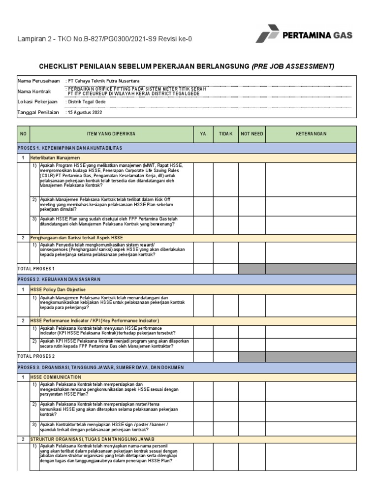 Lampiran 2 Checklist Penilaian Sebelum Pekerjaan Berlangsung - ORIFICE ...