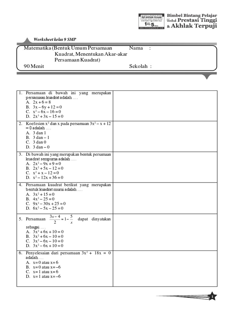 Matematika (Bentuk Umum Persamaan Kuadrat, Menentukan Akar-Akar Persamaan Kuadrat) TP.22-23 | PDF