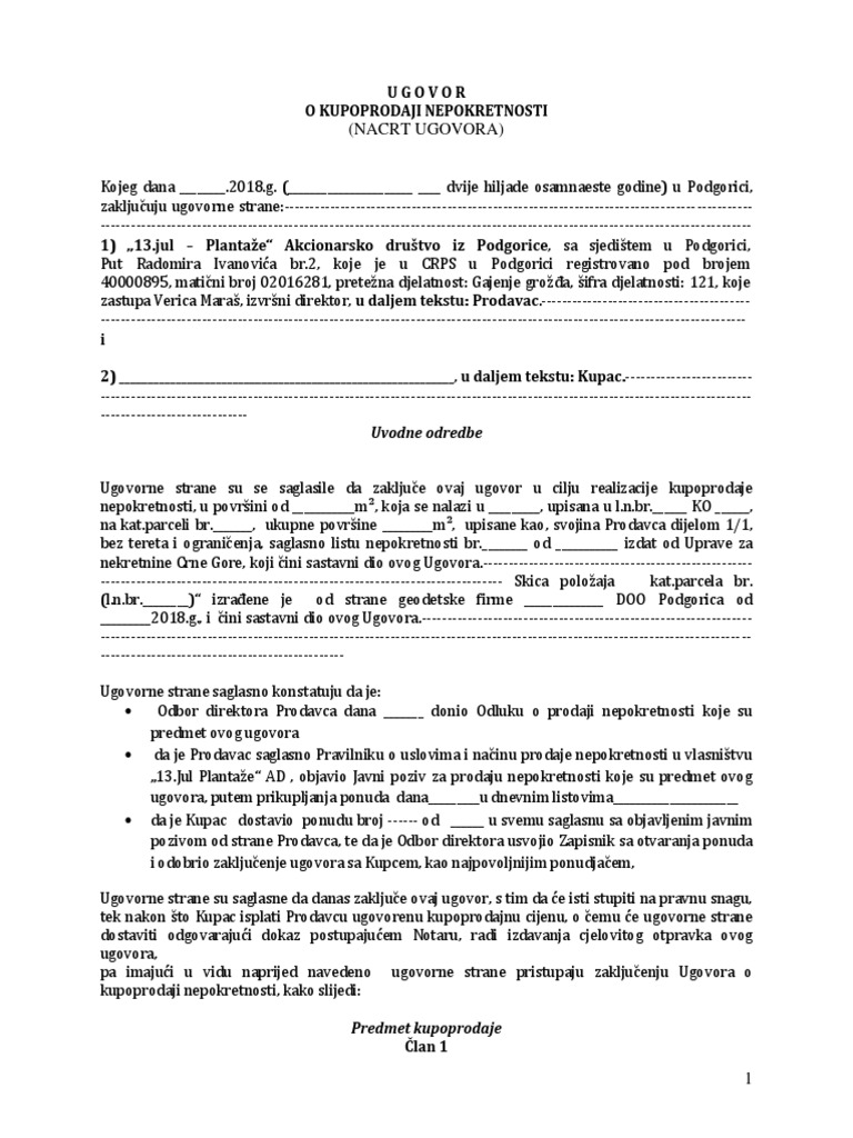 Nacrt Ugovora Prodaja Zemljišta | PDF