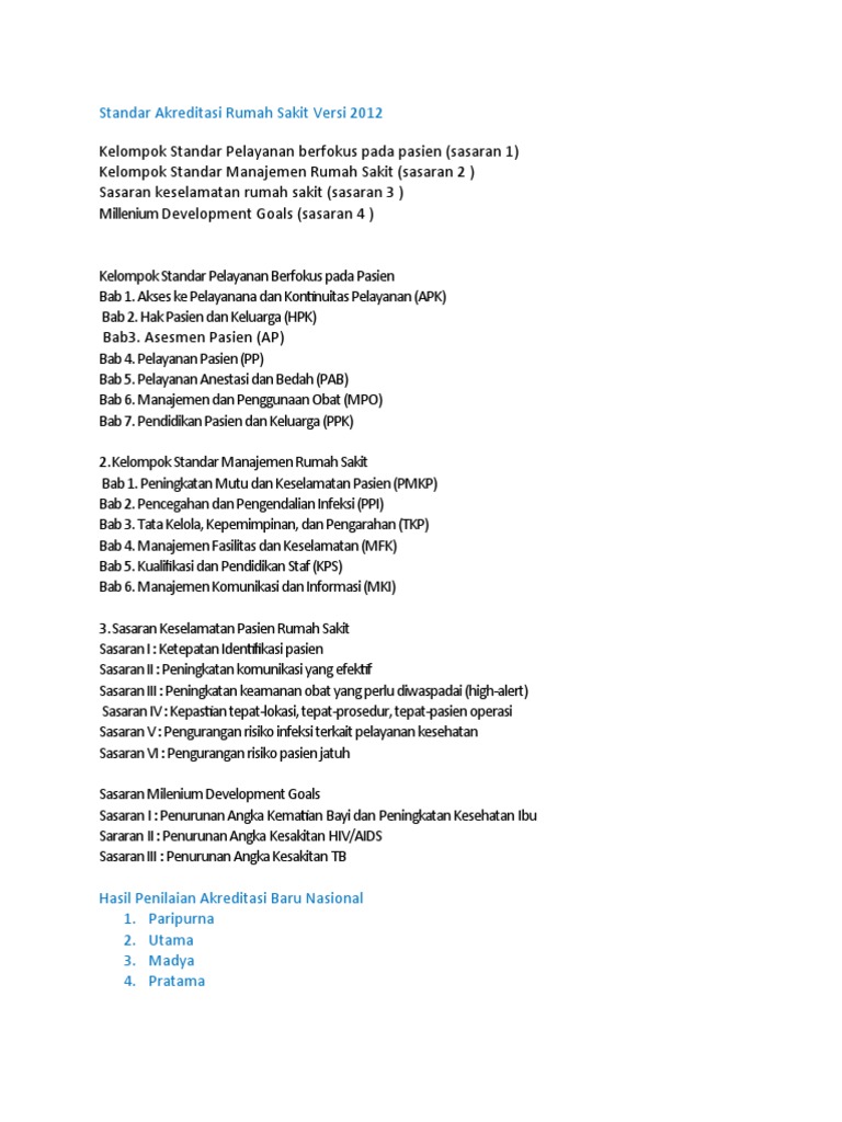 Soal Standar Akreditasi Rumah Sakit Versi 2012 | PDF