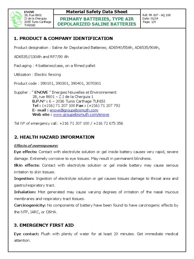 Air Battery MSDS | PDF | Water | Electrolyte