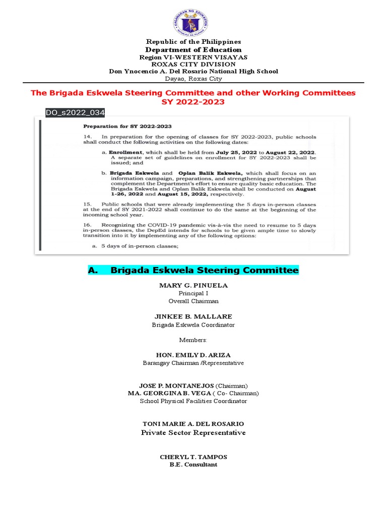 The Brigada Eskwela Steering Committee and Other Working Committees SY ...