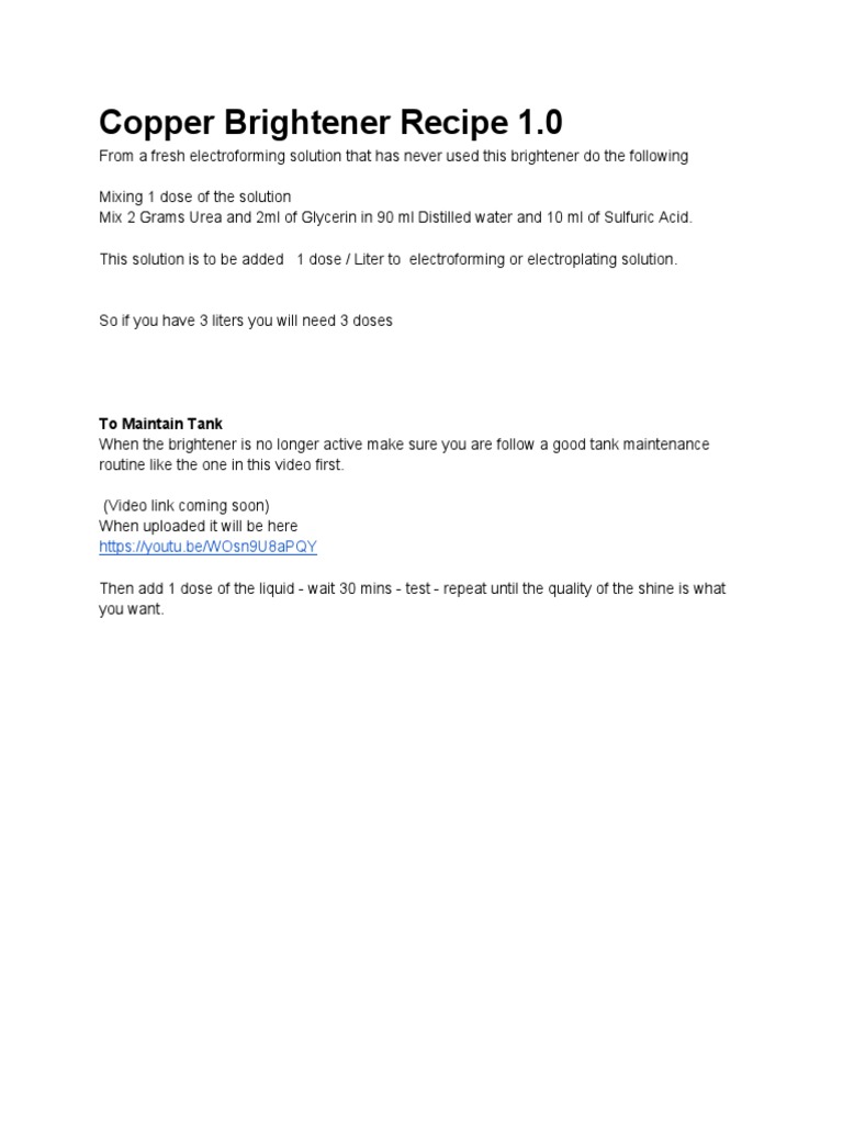 Copper Electroforming and Electroplating Brightner Recipe | PDF ...