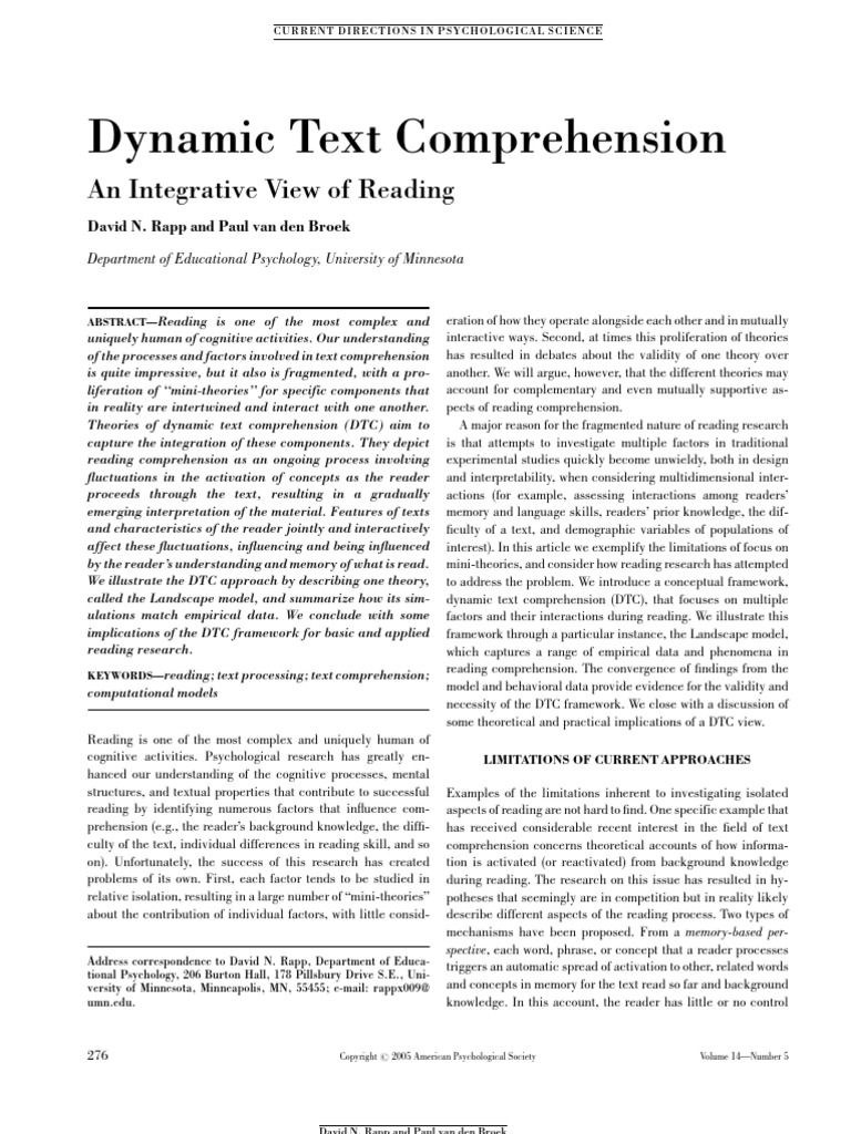 Dynamic Text Comprehension: An Integrative View of Reading | PDF ...