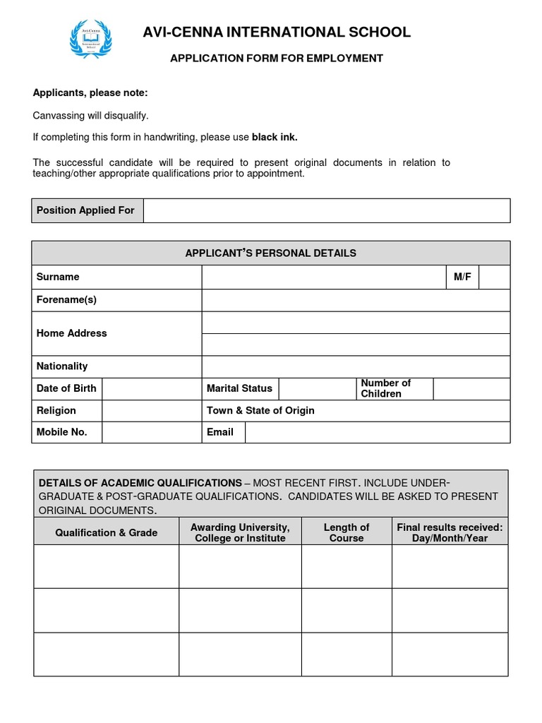 Avi-Cenna International School: Application Form FOR Employment | PDF