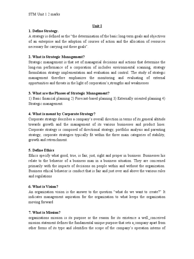 STM 2 MARKS Unit 1 | PDF | Strategic Management | Corporate Governance