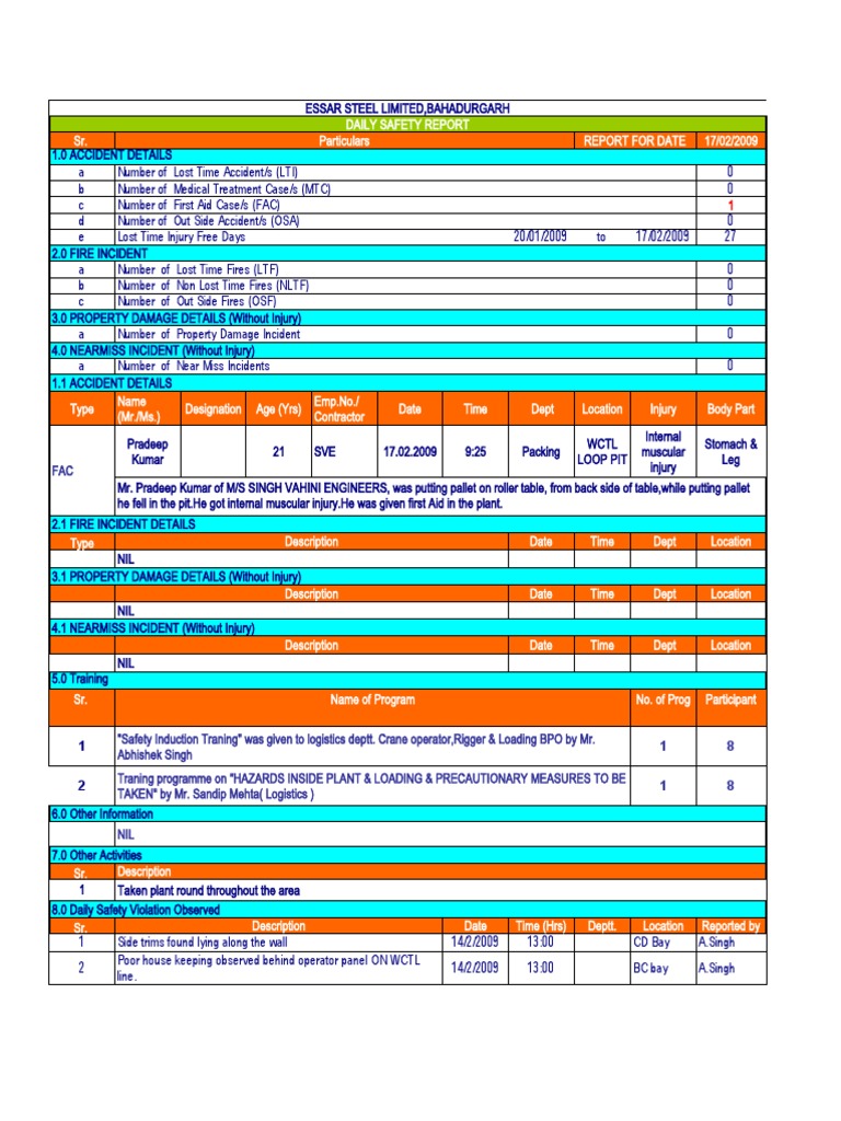 Daily Safety Report | Download Free PDF | Safety