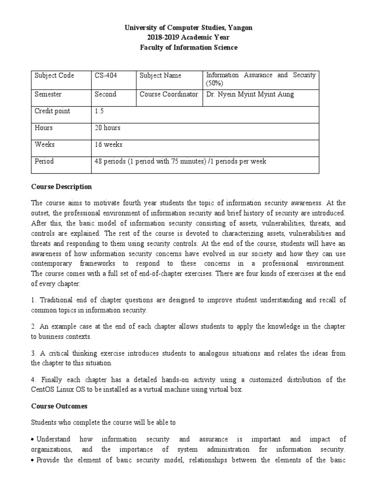 University of Computer Studies, Yangon 2018-2019 Academic Year Faculty ...