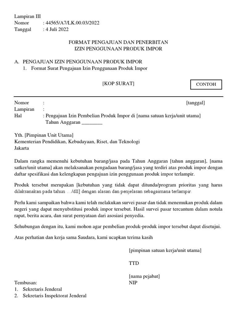 Format Pengajuan Izin Produk Impor | PDF