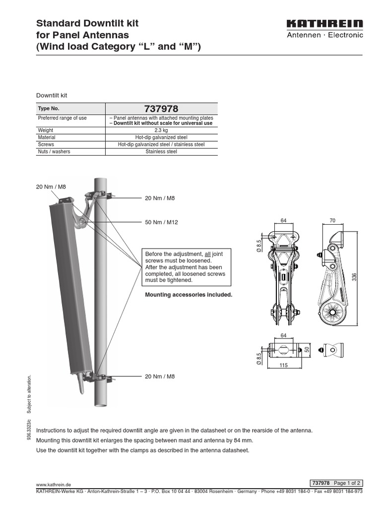 Standard Downtilt Kit For Panel Antennas (Wind Load Category "L" and "M ...