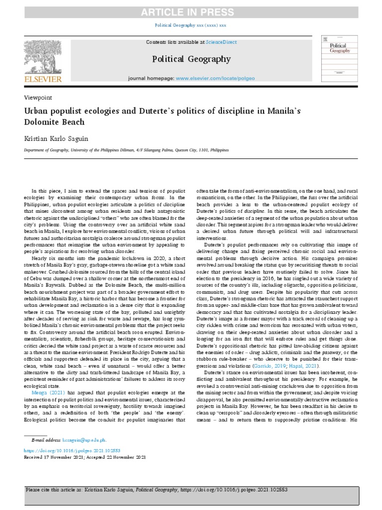 Urban Populist Ecologies and Duterte's Politics of Discipline in Manila ...
