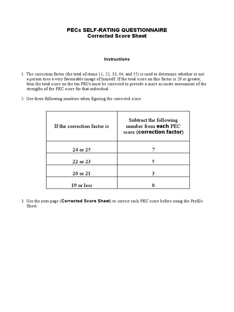 Pecs Self-Rating Questionnaire Corrected Score Sheet | PDF | Psychology ...