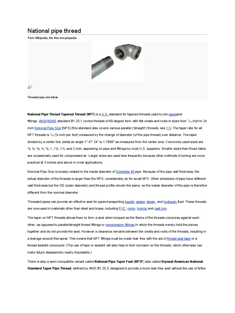 National Pipe Thread (NPT) Overview | PDF