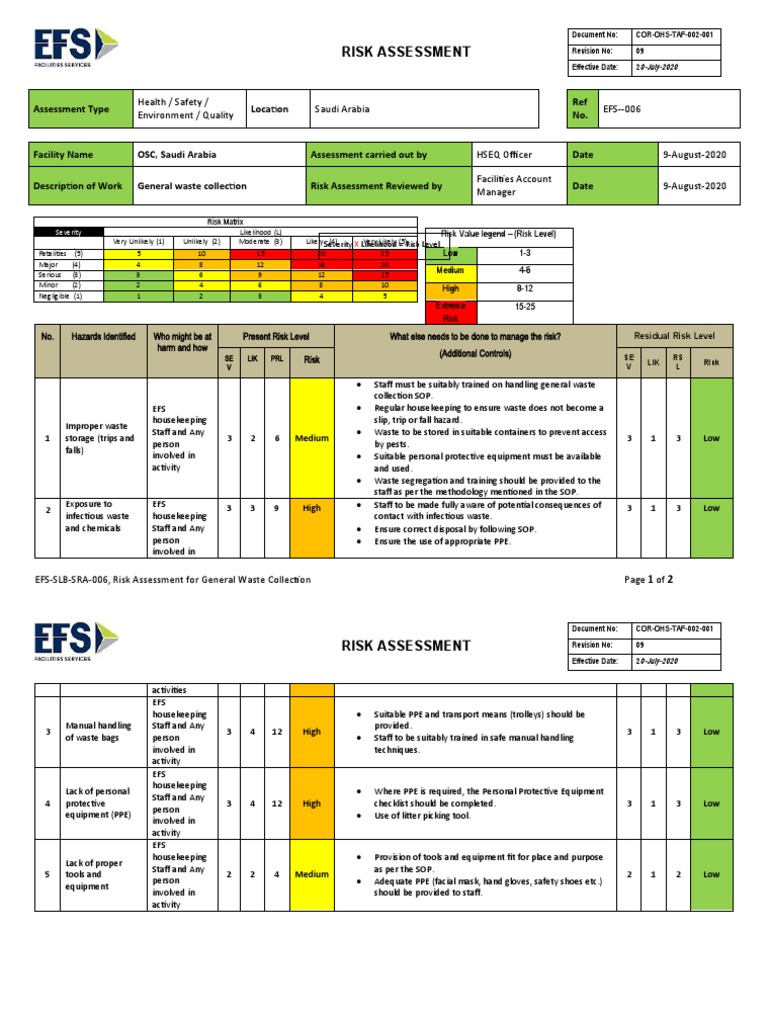 EFS-SLB-SRA-006 Risk Assessment For General Waste Collection | PDF ...