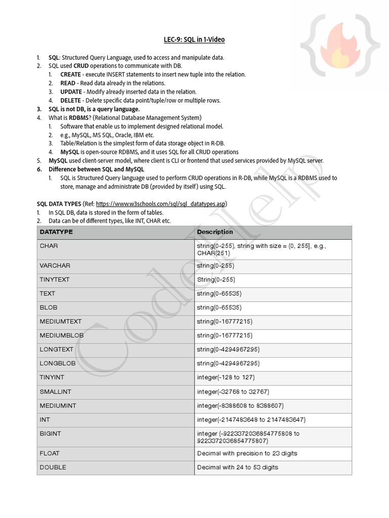 Lec 9 Notes | PDF | Relational Database | Sql