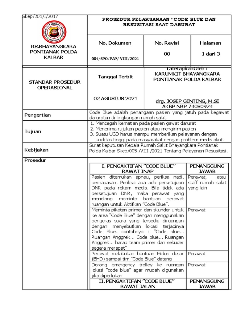 Sop Prosedur Pelaksanaan "Code Blue Dan Resusitasi Saat Darurat | PDF