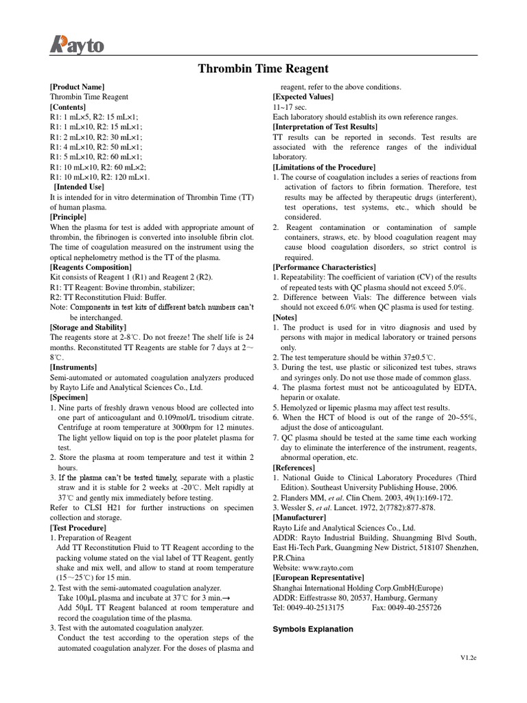 Thrombin Time Reagent | PDF | Coagulation | Clinical Medicine