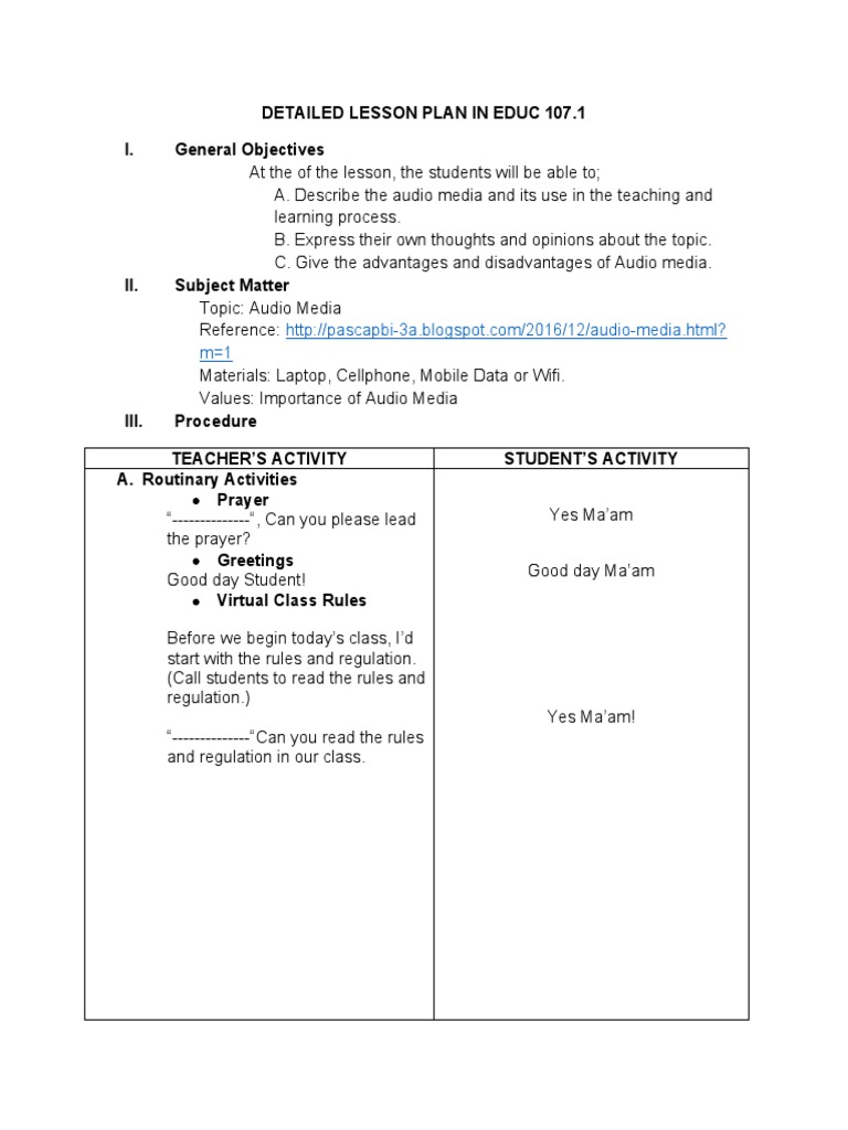 Detailed Lesson Plan in Educ 107.1 I. General Objectives | PDF | Sound Recording And ...