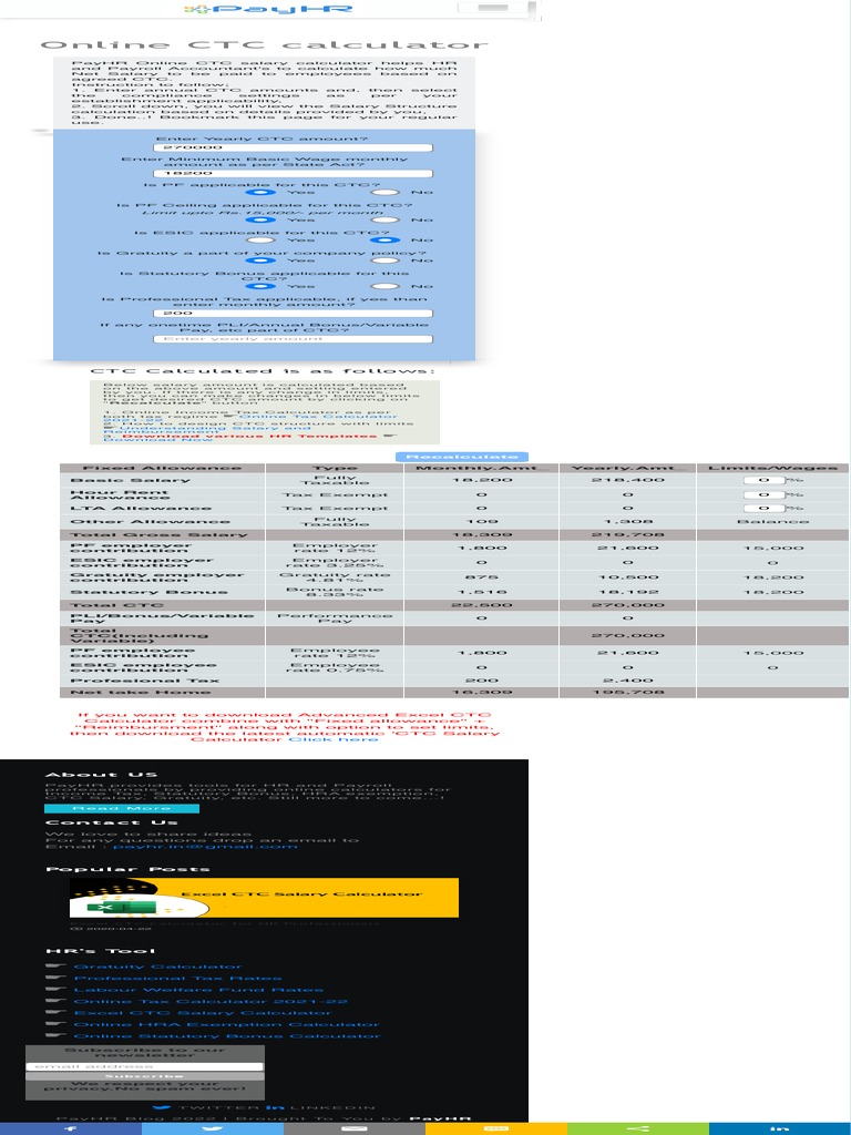 Excel CTC Salary Calculator Guide | PDF | Payroll Tax | Employment