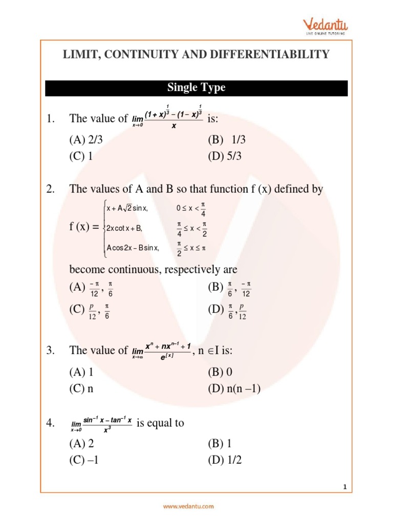 JEE Main Limit Continuity and Differentiability Important Questions | PDF | Elementary ...